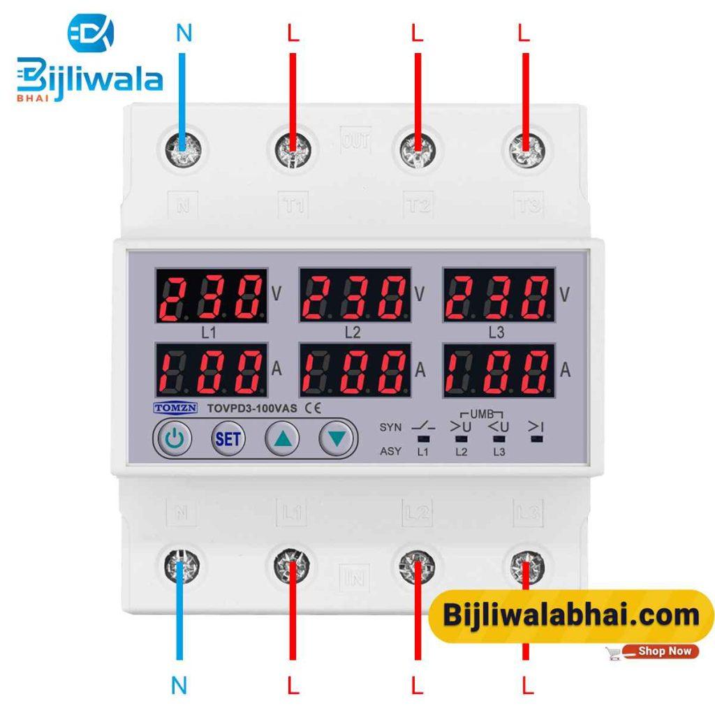 Tomzn 3 Phase 100A Din rail Voltage and current Protector - Bijli Wala Bhai